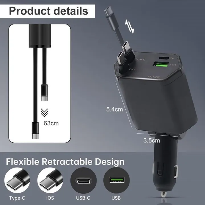 New Car Charger Mini 4in1 Retractable Cable Type-C Fast Charging With ...