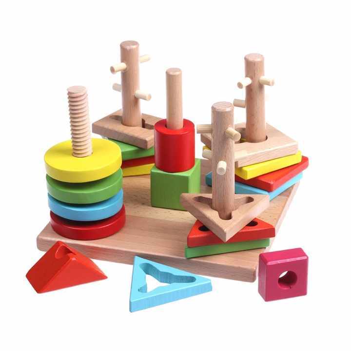 5 in 1 wooden column toy -Wooden Puzzle Toy Colorfast Geometrical Shape ...
