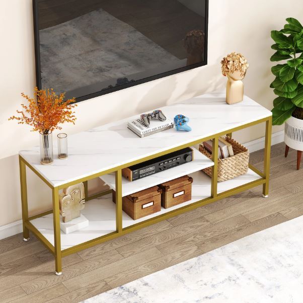TV Stand, 60'' Inches Gold 3-Tier TV Console for TVs with Faux Marble ...