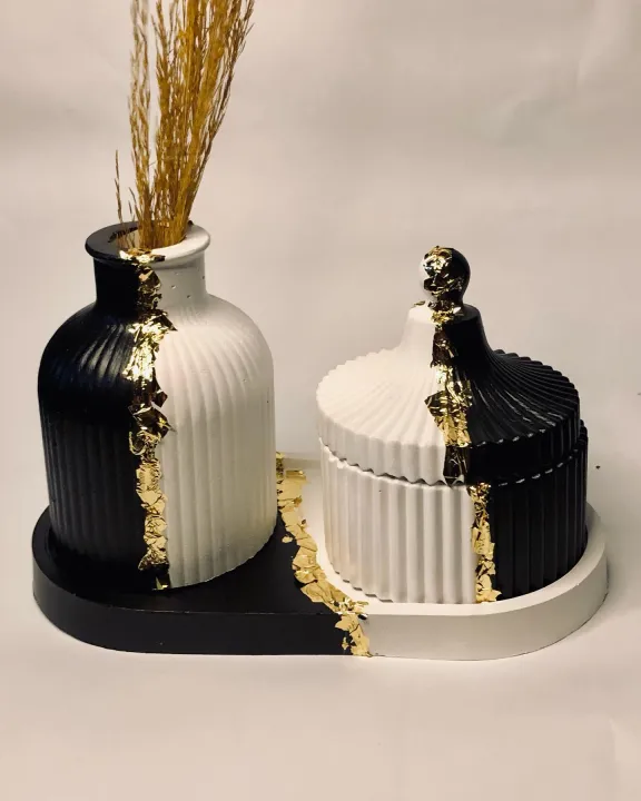 3 Piece Black & White Jar Set with Tray – Decorative Concrete Jars with ...