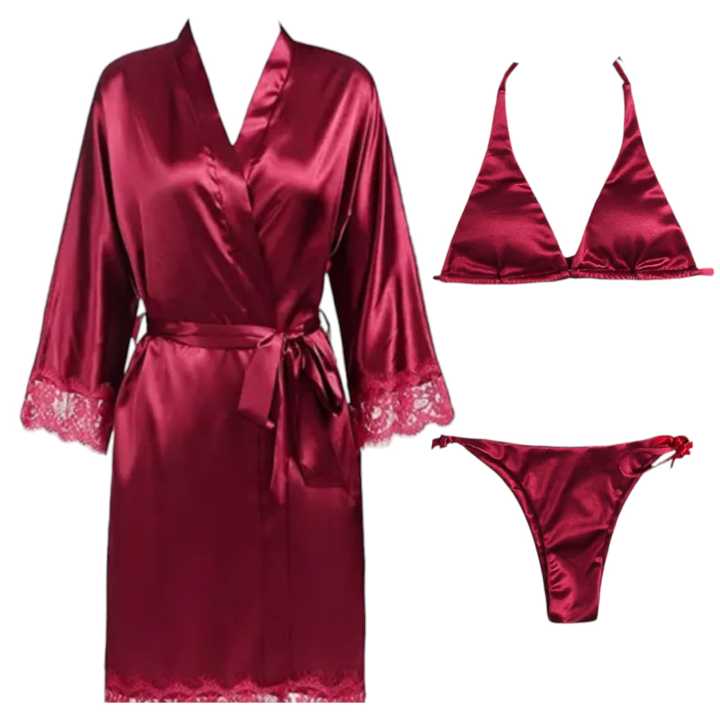Silk Wear Women 3 Piece Sexy Nighty Sleepwear Silk Satin Night Dress Lingerie Set With Robe