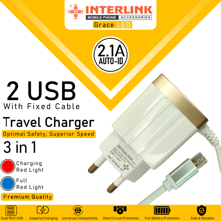 Interlink Grace LED 2.1A Traveler Charger | Dual USB Ports with Fixed ...