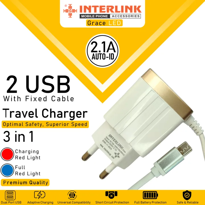 Interlink Grace LED 2.1A Traveler Charger | Dual USB Ports with Fixed ...