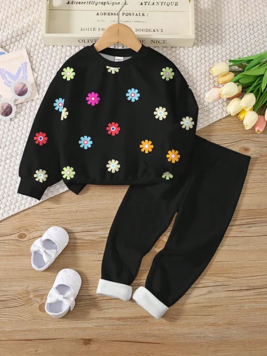 Branded Black All Over Flowers Printed Kids Winters Track Suite For ...