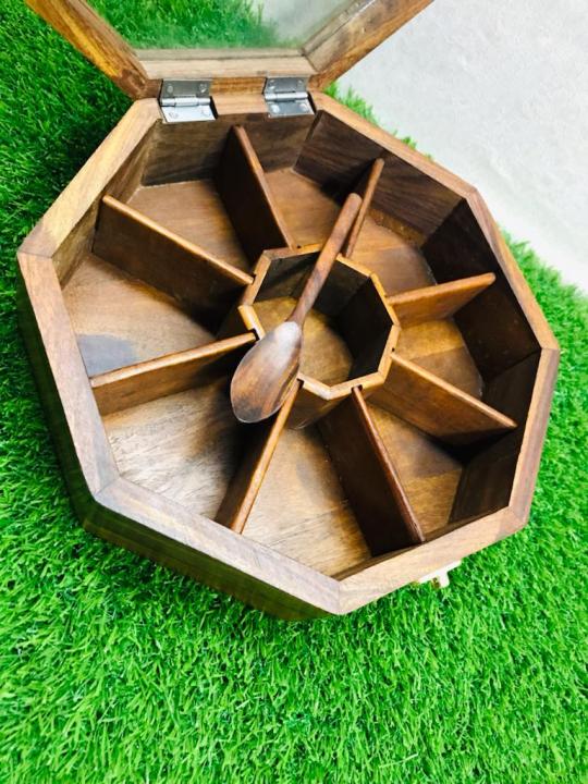 HANDMADE WOODEN MASALA BOX SPICE BOX FOR KITCHEN WITH SPOON 10 X 10 ...