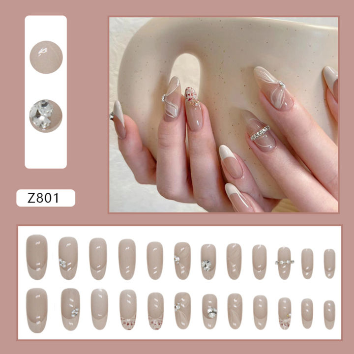 Z801 Almond French False Nails Oval Round Edge Sweet Style Resin ...