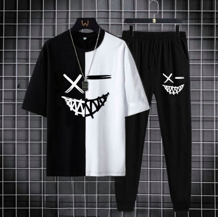 Black & White Smiley Face Printed Tracksuit For Men | Daraz.pk