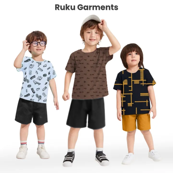 Ruku Garments Pack Of 3 Allover Printed Contrast Tees & Shorts Suits ...
