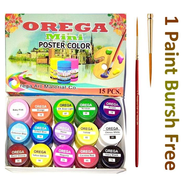 Orega Poster Colours Colors - 15 Different Shades Bottles 1 Paint Bursh ...