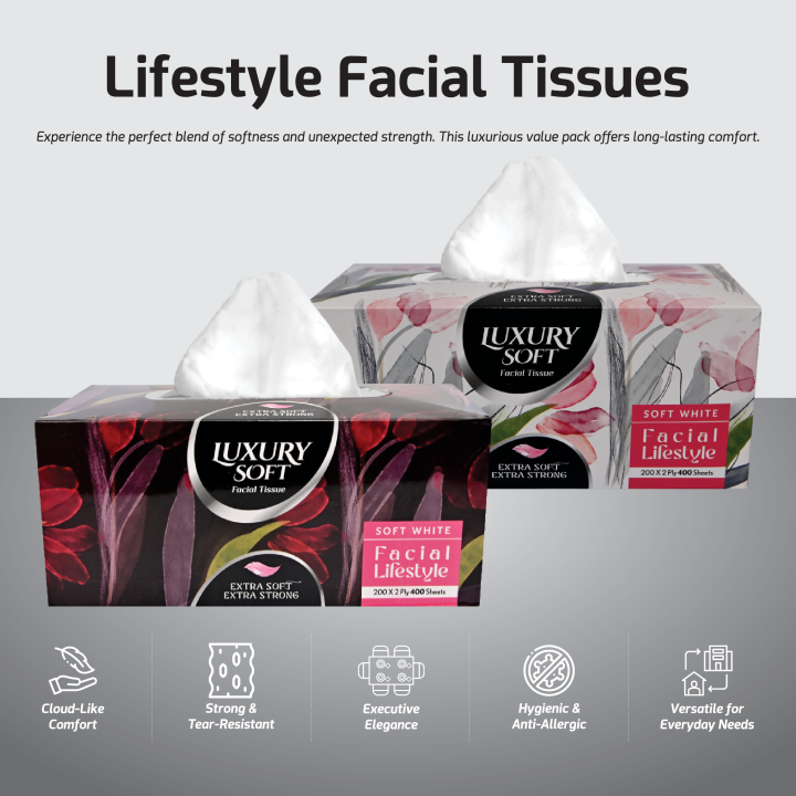 Luxury Soft 2-Ply Soft White Facial Lifestyle Extra Strong Tissues (200 ...