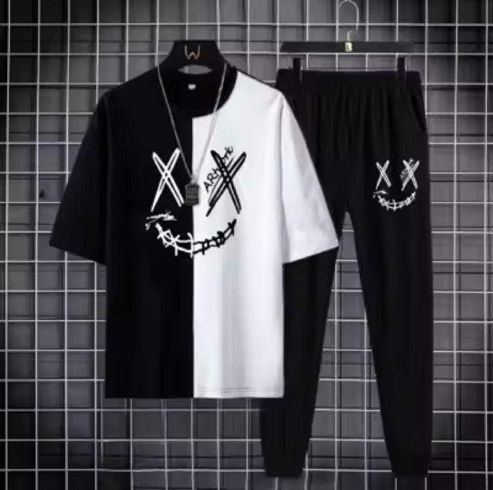 Black & white smiley printed summer tracksuit for men and boys | Daraz.pk
