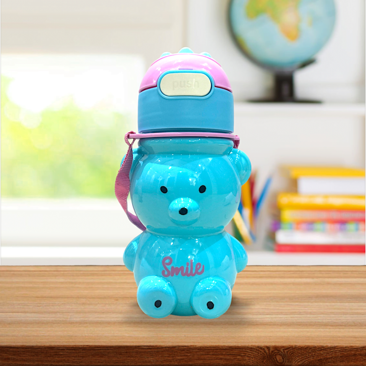 Water Bottle for School Kids and Outdoor Use Cute Teddy Bear Shaped With Straw and Strap 720ml ...