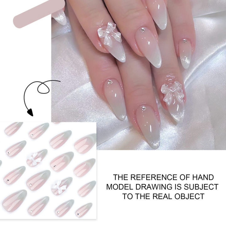 JP3445 24pcs Cat Eye French Press on Nails with Rhinestone Bow Design ...