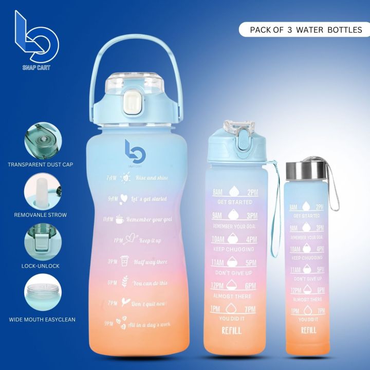 Pack Of 3 Water Bottles, Motivational Water Bottle with Straw & Time ...