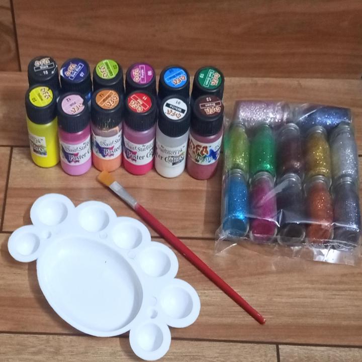 Poster Colors - 12 different shades bottles 30cc + 12 glitter +1 brush ...