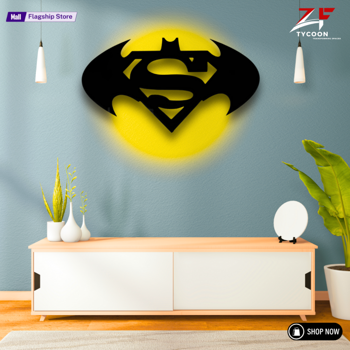 ZF Wooden SuperMan & Batman Combo LED Wall Lamp, Comic Lover, Bat Cave ...