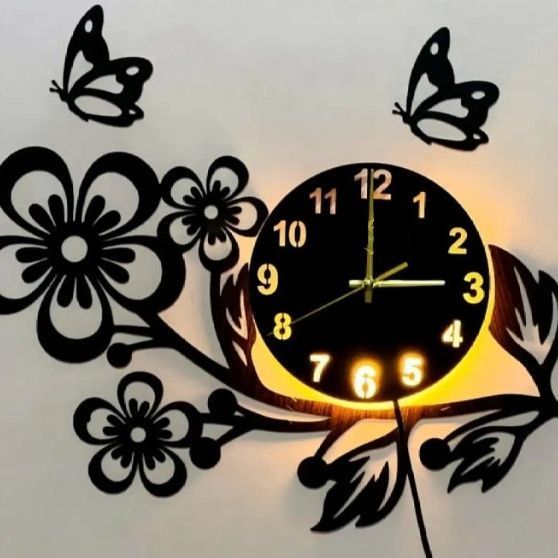 3D Wooden Flower Wall Clock 12 Inch Dark Brown Laser Cut MDF Silent ...