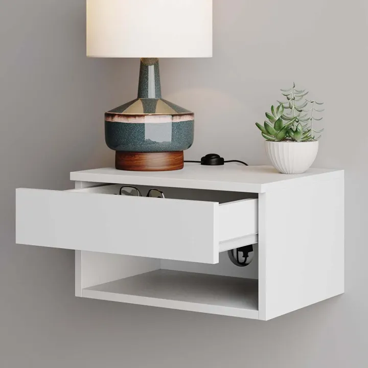 Wall Mounted Floating table Bedroom Nightstand with Storage Drawer and Modern Open Shelf Cubby Matte White Daraz.pk