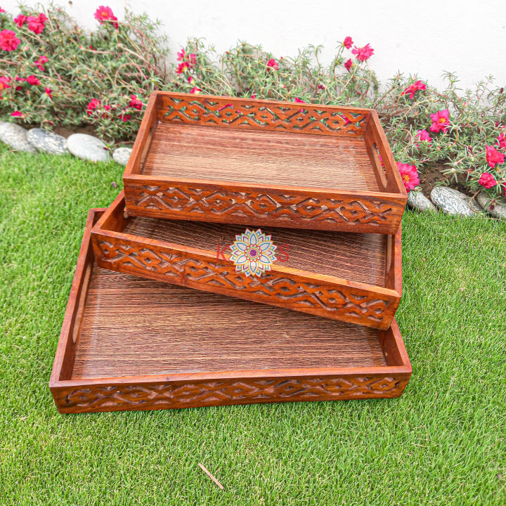 Serving Tray Set Of 3 Trays with handle beautiful carving Cutwork ...