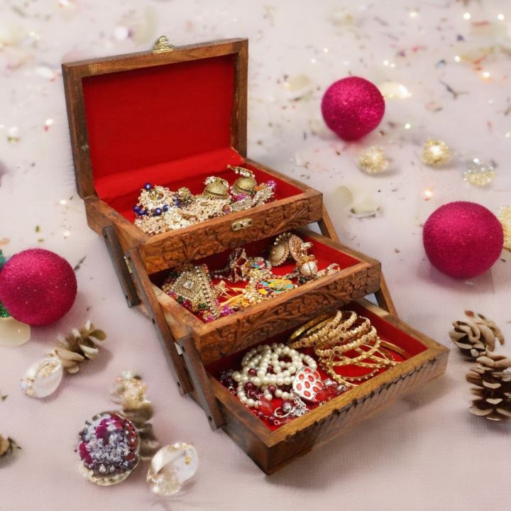 Unique 3 Layer Wooden Jewelry Box | Handcrafted Carved Design |Treasure ...