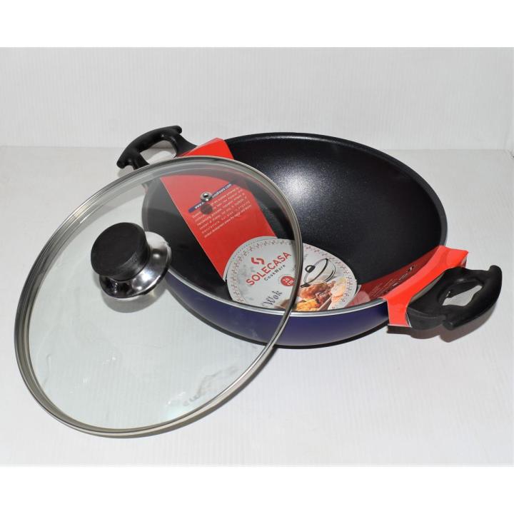 Non Stick Wok Karahi Stir Pan with A Glass Lid and Double Handle 26CM ...