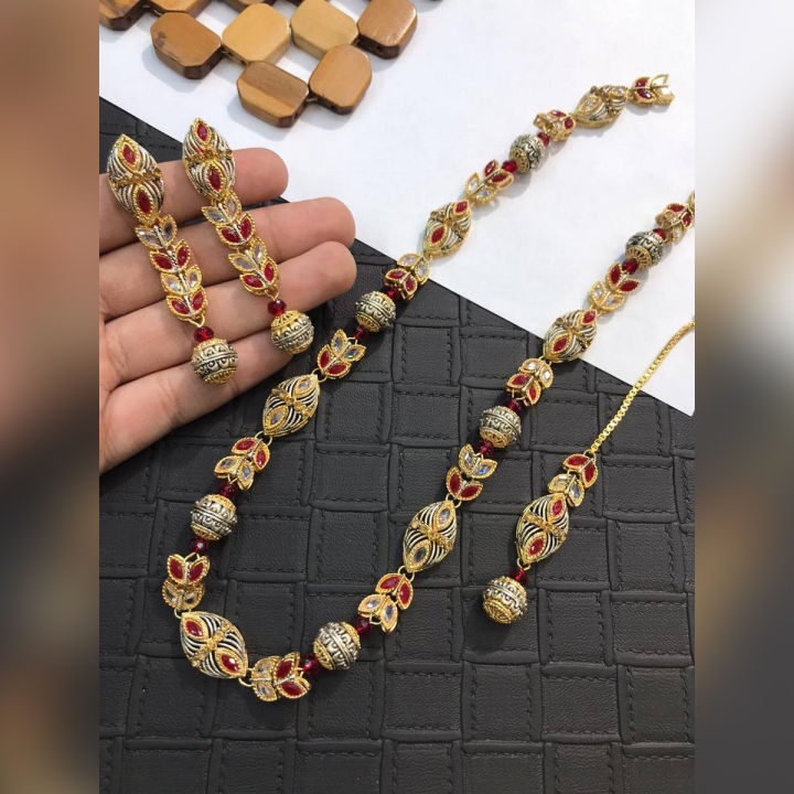 Trendy Indian Golden and Red Mala Set with Earrings and Tika for Party ...