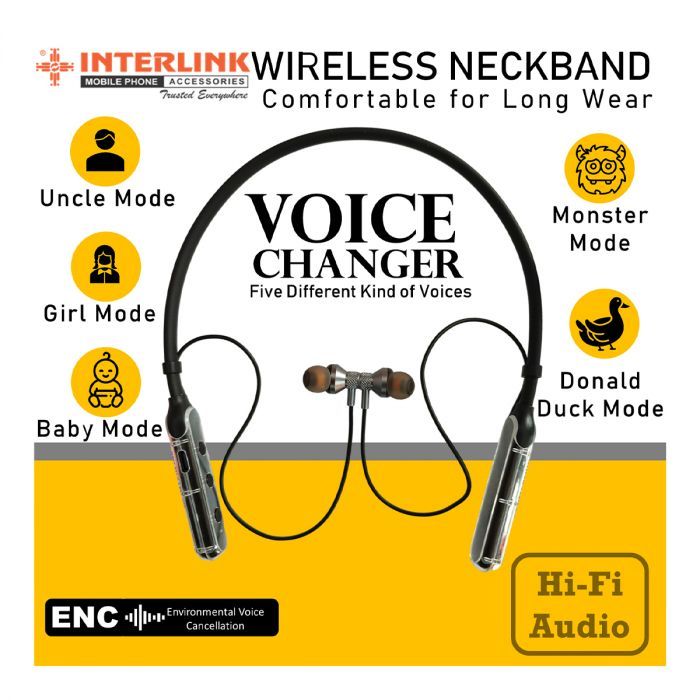 New Interlink wireless Bluetooth Neckband with 5 Voice Changer mode 5.3 ...