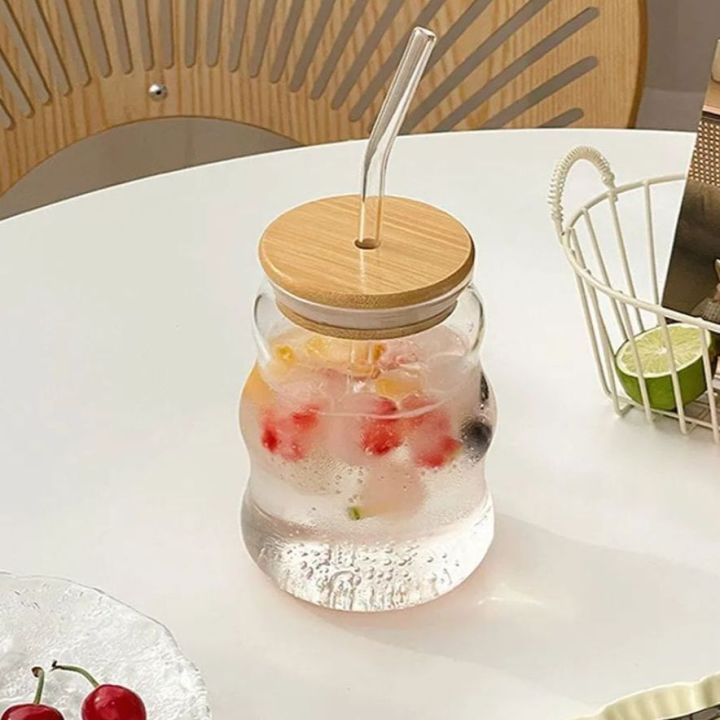 Bubble Ribbed & Round Glass Sipper with Glass Straw, Tumbler Can Lid Ribbed Square Glass Mug ...