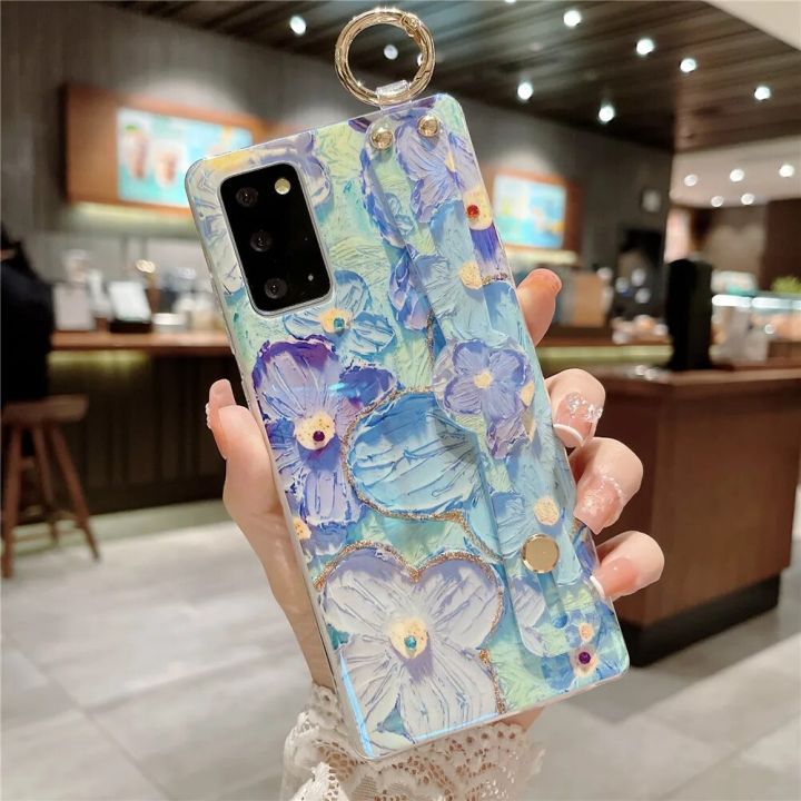 HOCE Luxury Diamond Glitter Blue Flower Wrist Strap Holder Phone Case For Samsung Galaxy S25 S24 ...