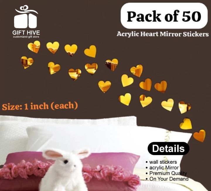 pack of 50 heart shape wall stickers. golden acrylic wall decore ...