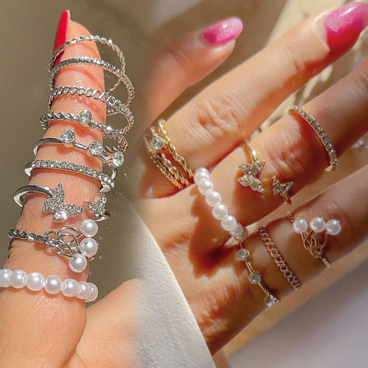 9pcs/set Korean Style Butterfly Pearl Rings Set For Women Shine Pearl Gothic Vintage Rhinestone ...