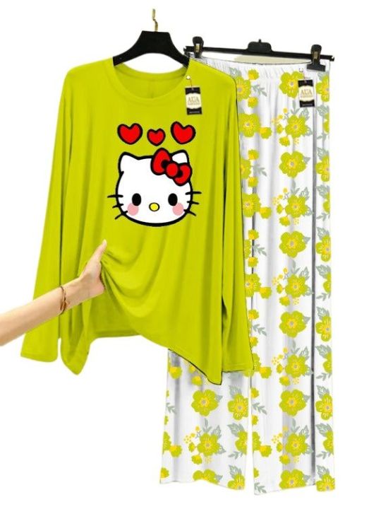 Light Green Hello kitty Printed Nightwear Set with Flower Printed ...