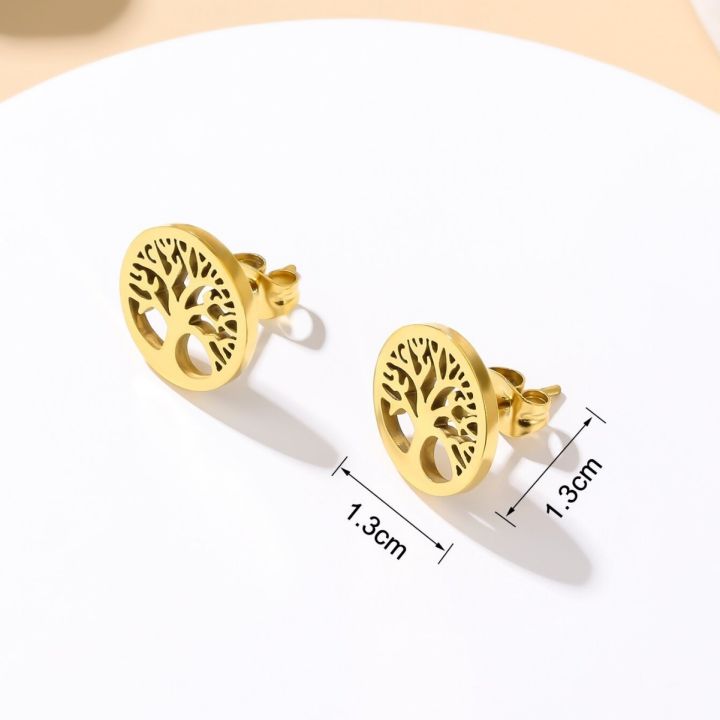 Titanium Steel Stud Earrings Big Tree Earrings Round Tree of Life Lucky ...