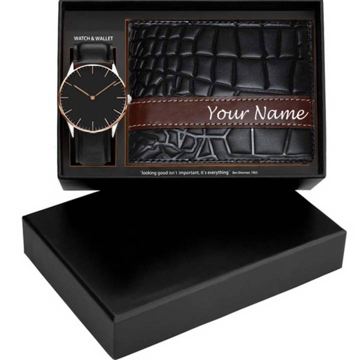 Genuine Leather Customize Name Wallet and Watch Set | Daraz.pk