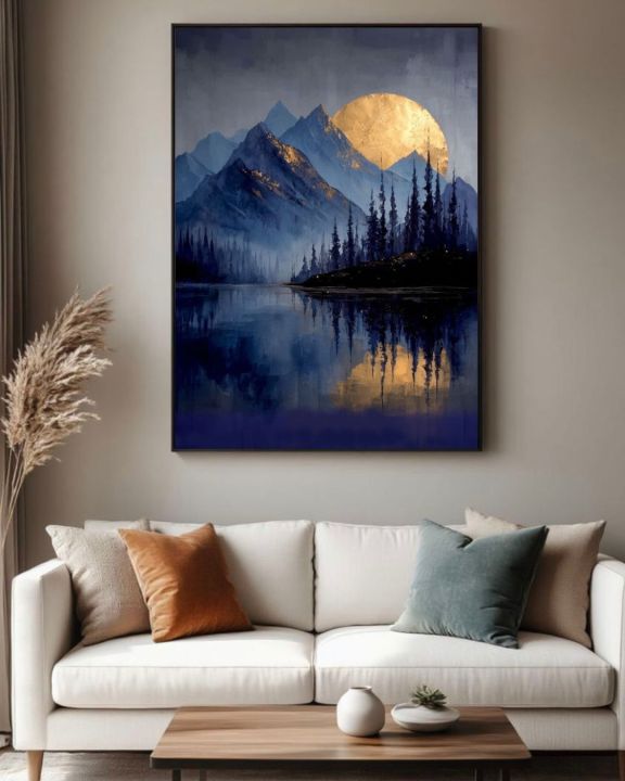 Moon & Mountain, Beautiful Gold & Blue Art landscape Wood Frame, moon ...