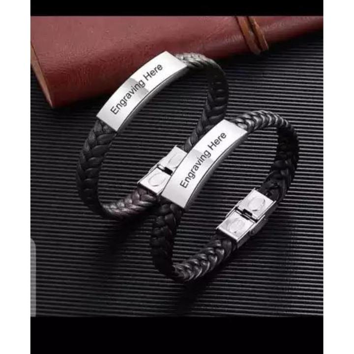 Men's Leather Bracelets Stainless Steel ID Bar Custom Name Date Logo ...