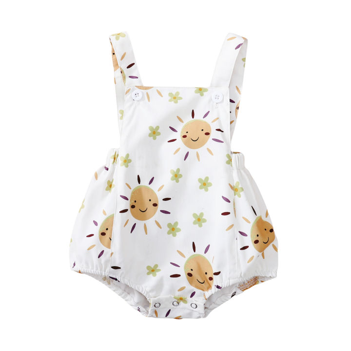 Ma&Baby Baby's Romper, Cartoon Sun Floral Print Sleeveless Square Neck ...
