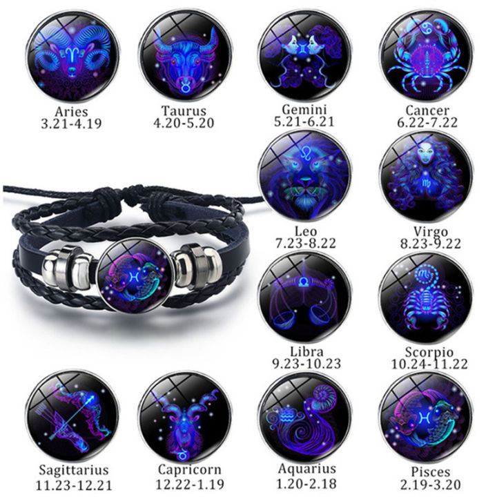 12 Constellation Zodiac Sign Black Braided Leather Bracelet Cancer Leo ...