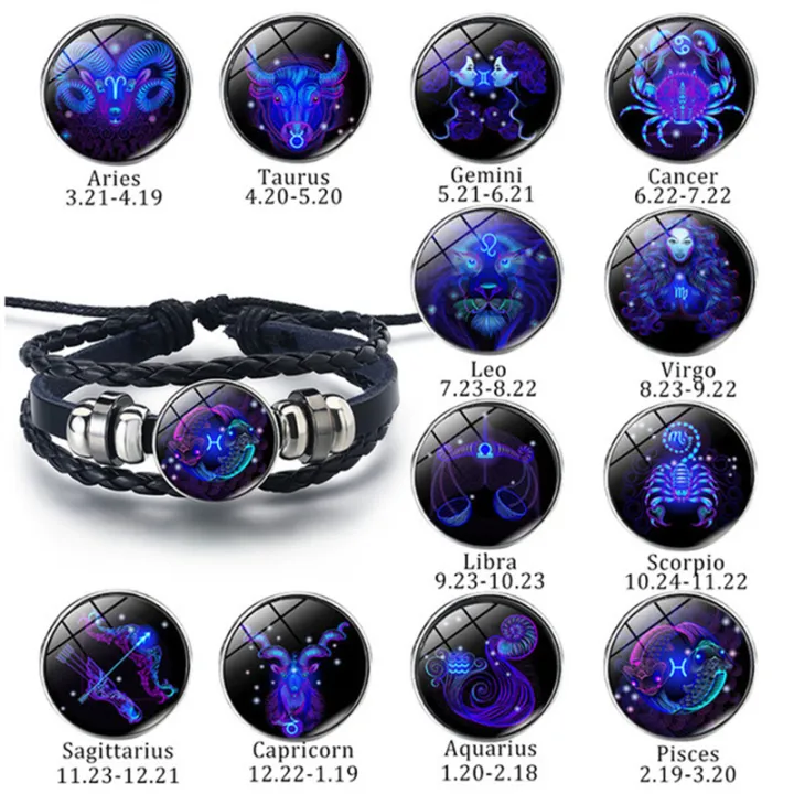 12 Constellation Zodiac Sign Black Braided Leather Bracelet Cancer Leo ...