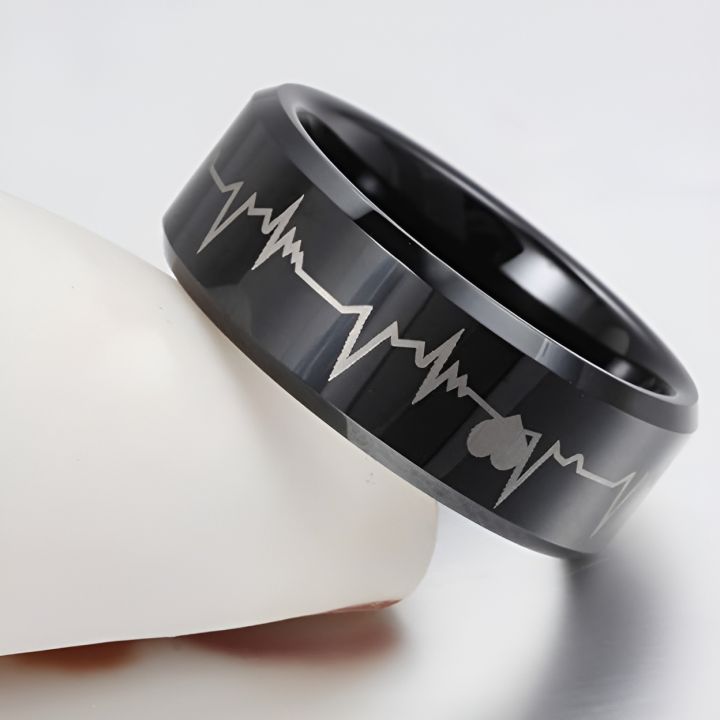 Ring Thin Pulse ECG Wave Rings Stainless Steel Men ECG Rings Black Band ...