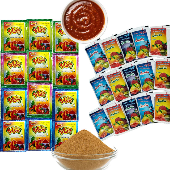 20 Pcs – 10 Tamil Alocha Imli Sauce Chatni 10 Churan Fruit Chaat Masala ...