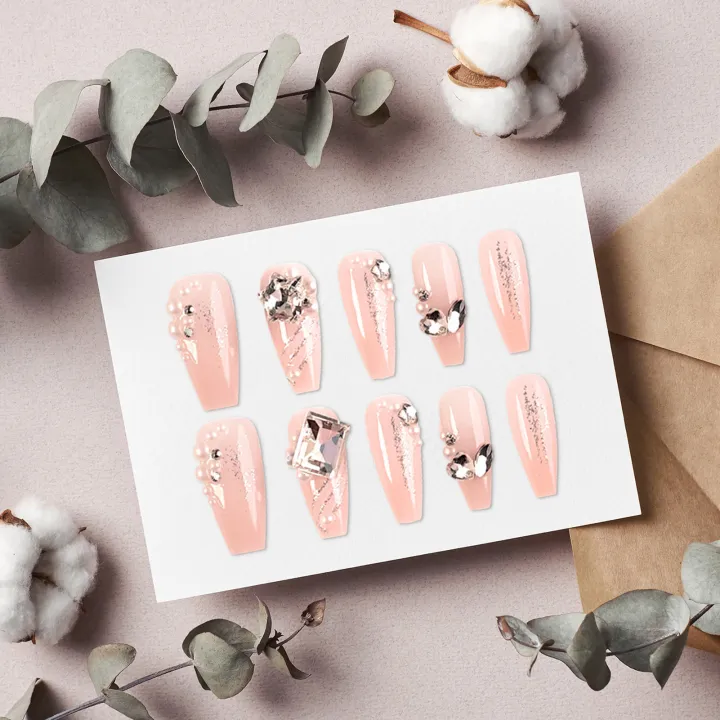 CZ330-B5 24PCS Pink Glitter Fake Nails with Pearl and Snowflake Decor ...
