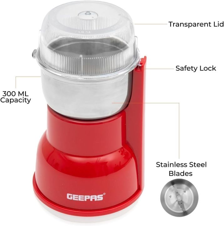 Geepas Coffee Grinder | 180W Electric Coffee Grinder | Stainless Steel ...
