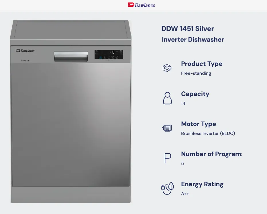 Dawlance DDW 1451 Silver Inverter Dishwasher | Daraz.pk