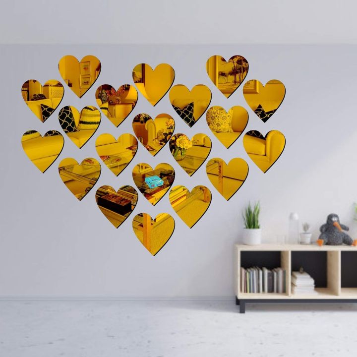 Pack of 5 Golden Heart Reflectable Wall Decors, 5 Shapes in Different ...