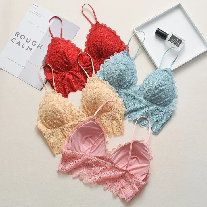 Women Red Green Lace Trim Cross Straps Bralette Cotton Panties Push Up ...