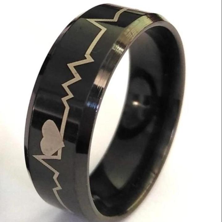 Heartbeat Electrocardiogram Romantic Promise Ring Love 8MM Band Black ...
