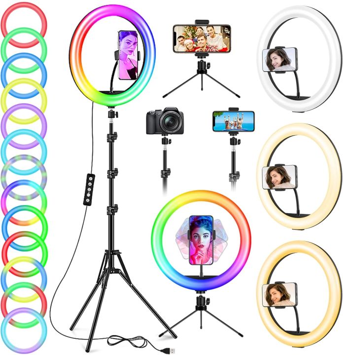 12.6'' Ring Light with Stand and Phone Holder: Totally 74" Tall Led Ringlight Tripod with 40 ...