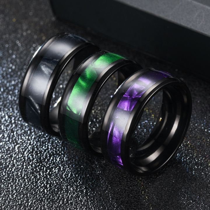 Cool 8MM Stainless Steel Women Men Couples Black Rings Colorful Abalone ...