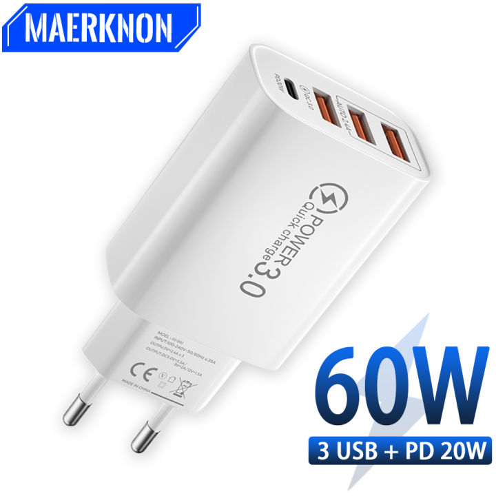 Type C Fast Charger 60W USB Mobile Phone Fast Charger Multiple Ports QC ...
